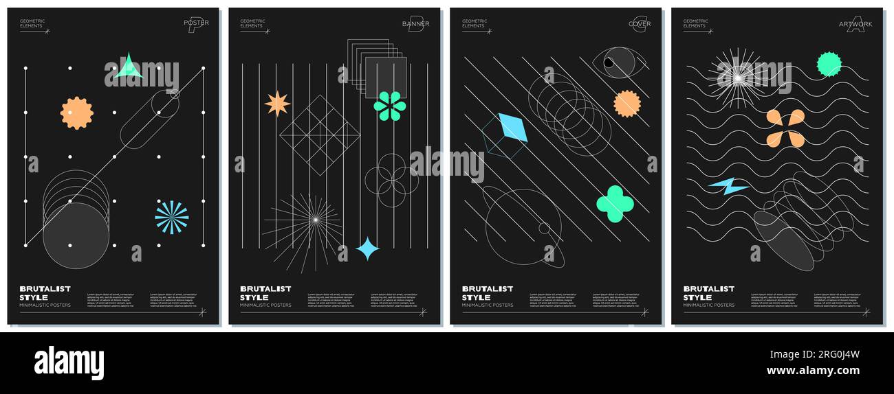 Trendy abstract brutalism poster set with memphis geometric shapes on ...