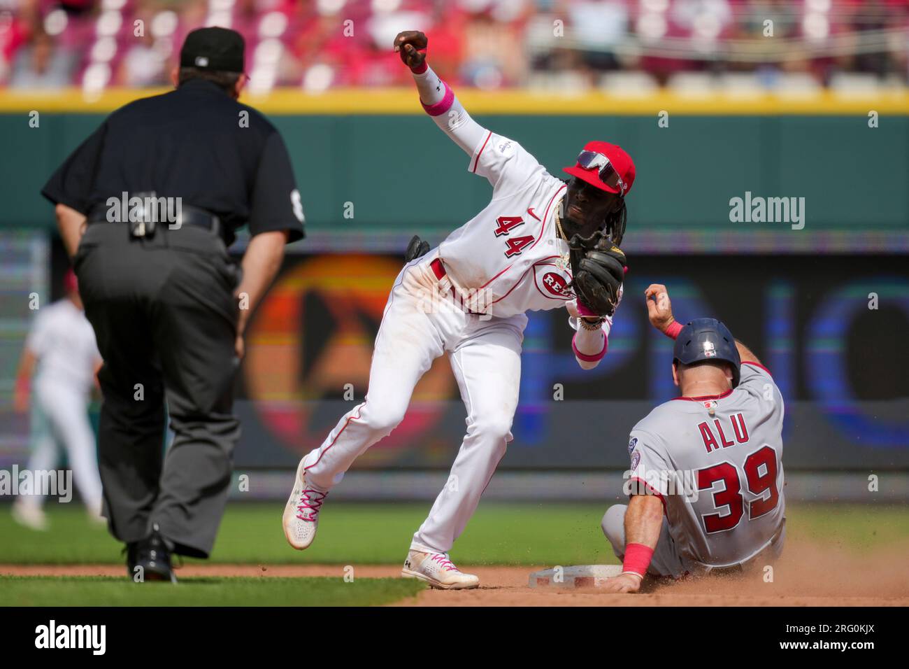 Washington Nationals' Jake Alu, right, steals second base ahead of the ...