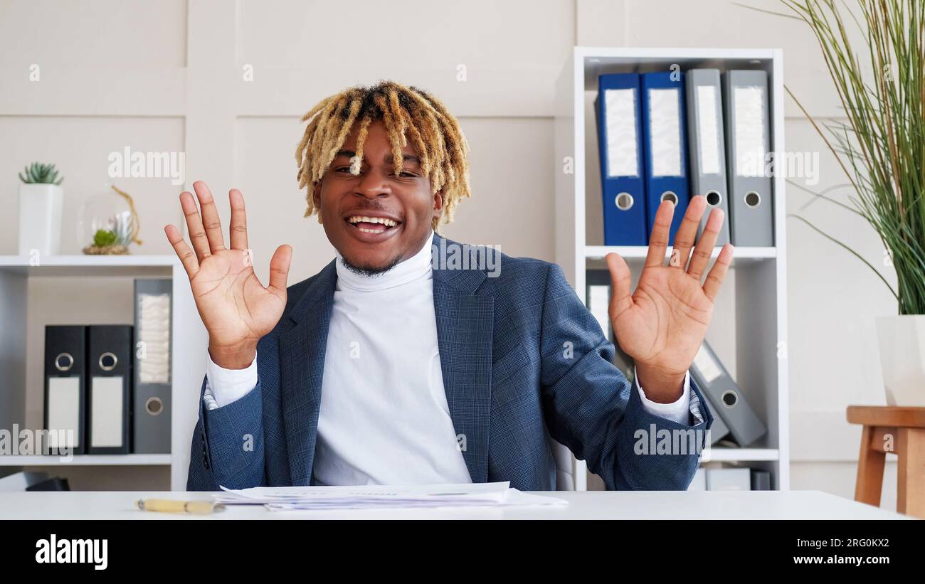 Work celebration success man dancing office desk Stock Photo - Alamy