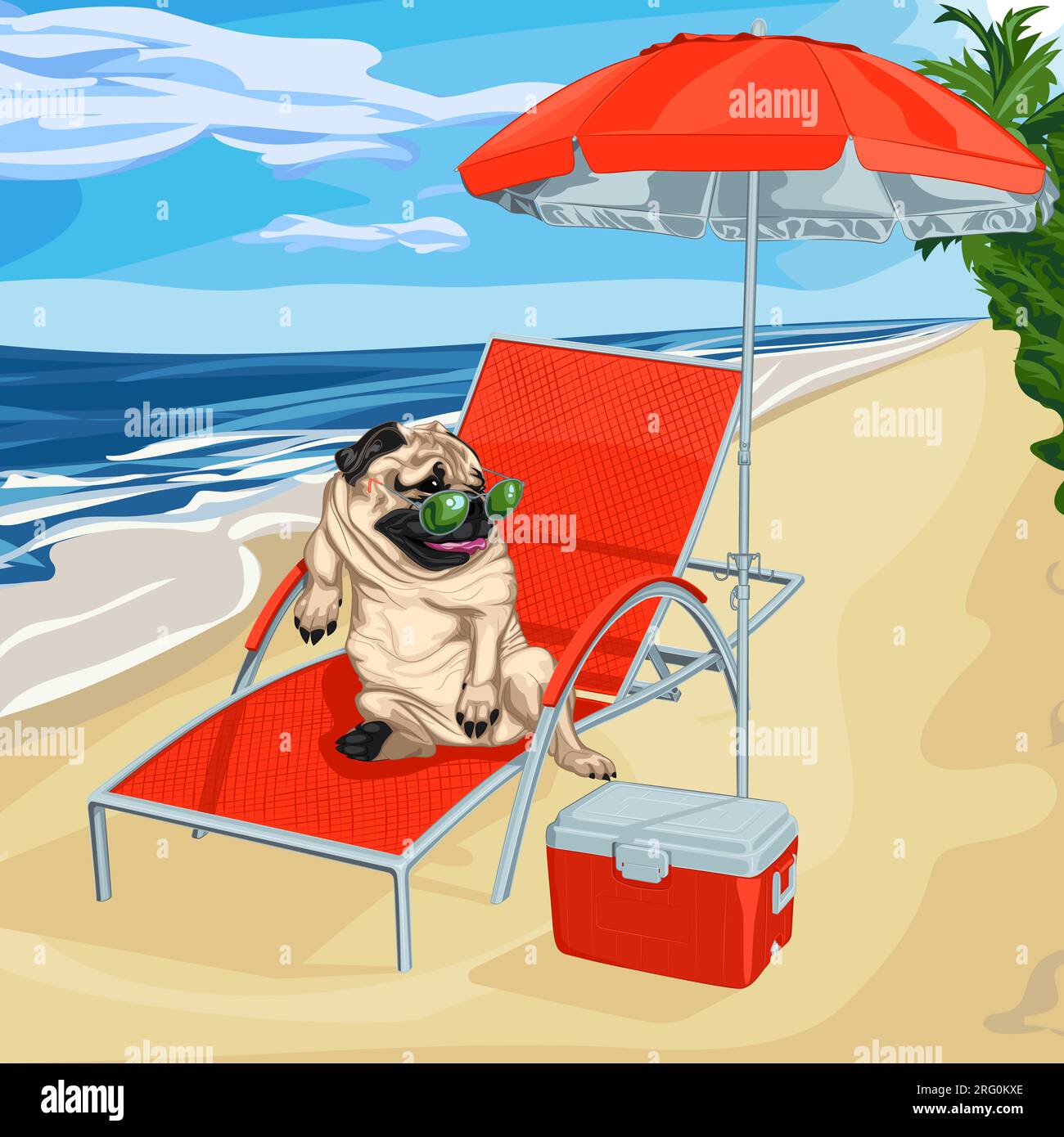 Pug on sun lounger in sunglasses on beach. Vector illustration of pug ...