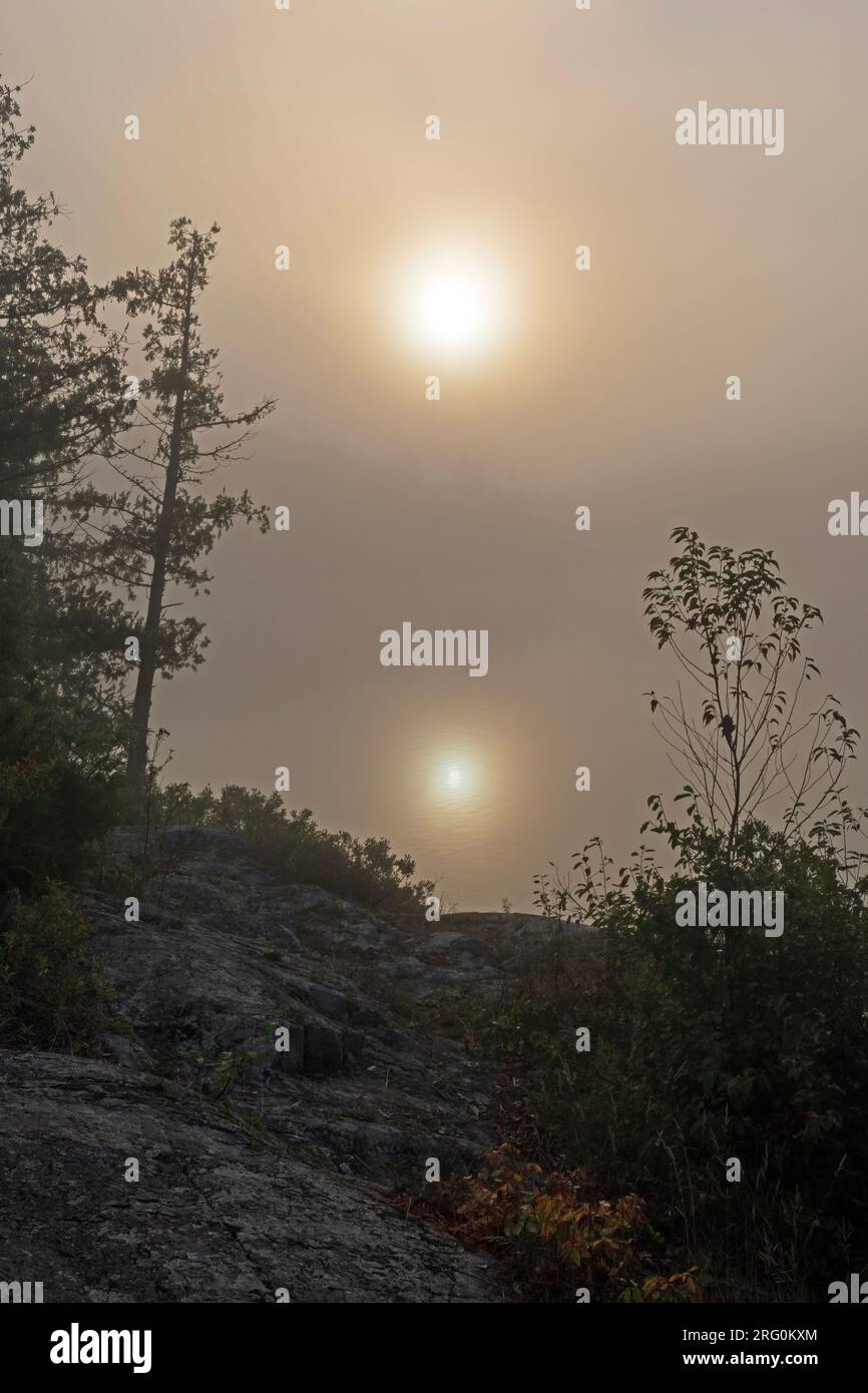 Sun Reflection in Early Morning Fog on Jenny Lake in the Boundary ...
