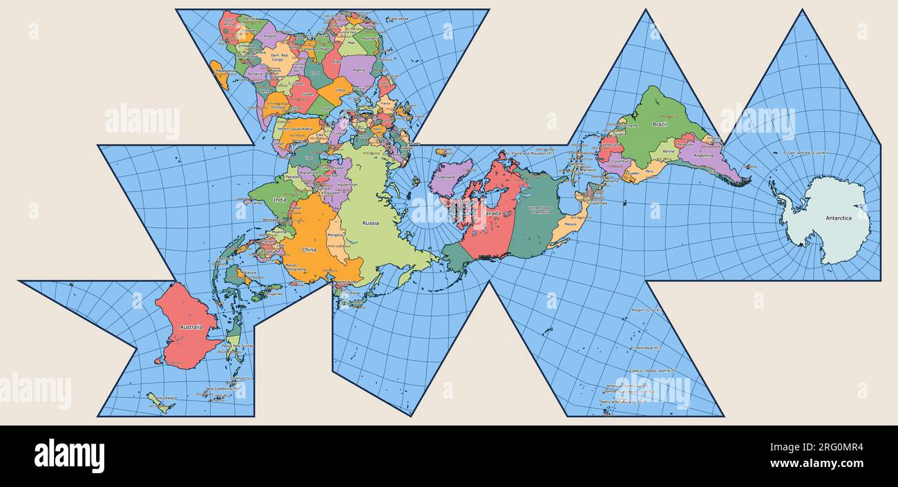 Vector Political World Map Fuller Projection, Dymaxion World map Stock ...