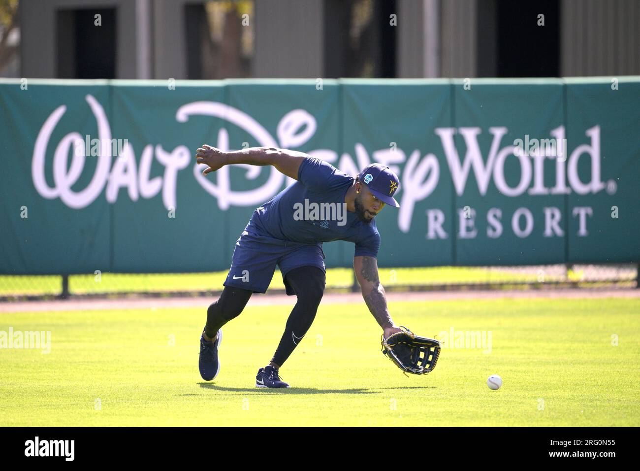 Tampa Bay Rays outfielder Randy Arozarena shags balls in the outfield ...