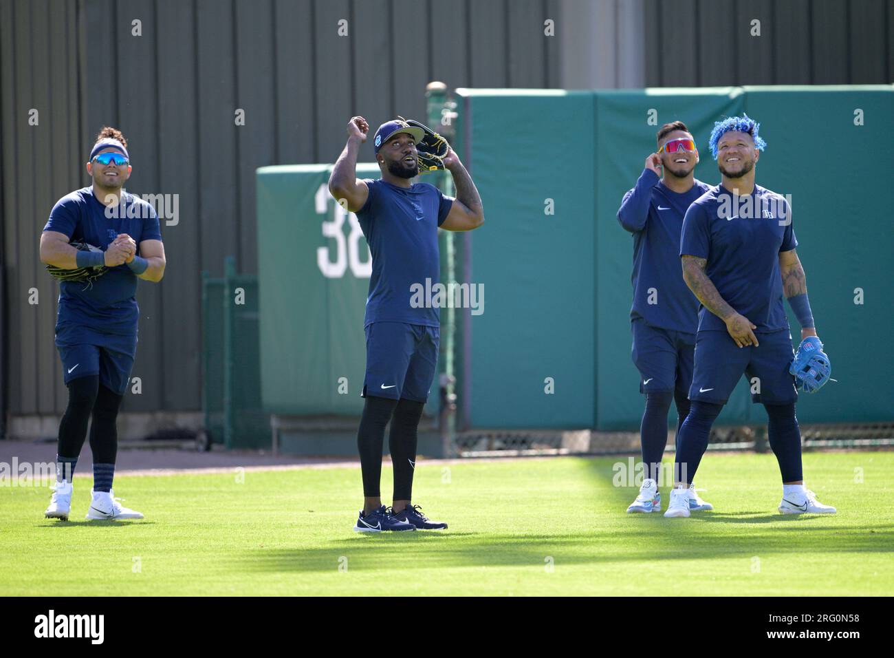Tampa Bay Rays players Jonathan Aranda, left, Randy Arozarena, second ...
