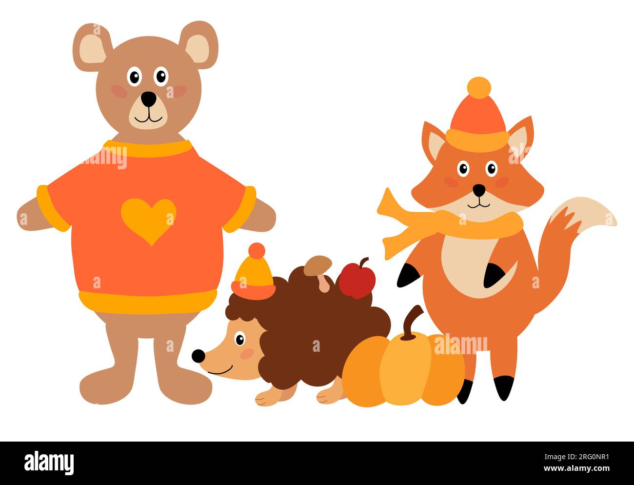 Cute bear, fox, hedgehog with pumpkin. Autumn forest animals. Flat ...