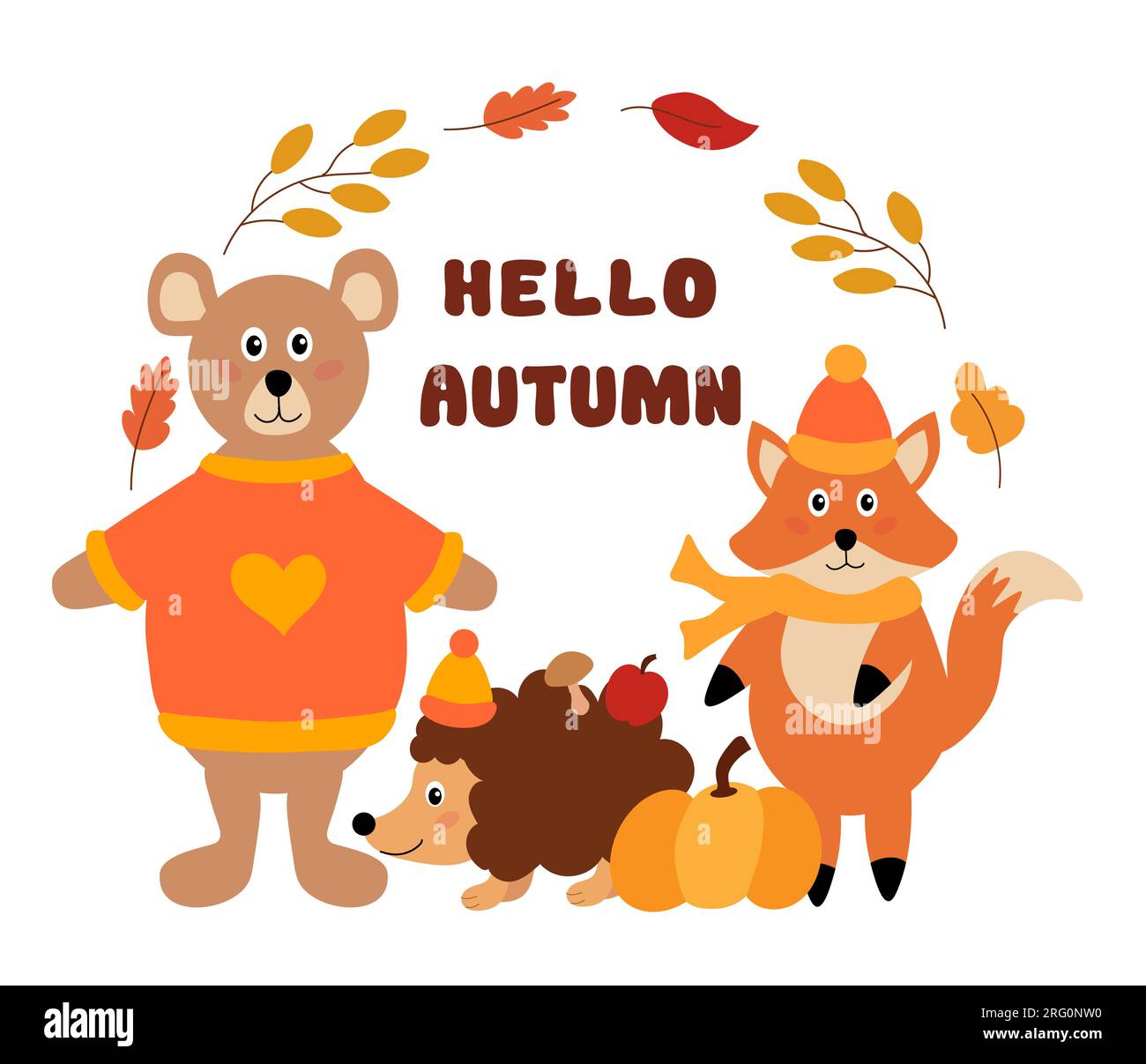 Vector illustration of cute bear, fox, hedgehog with leaves frame ...