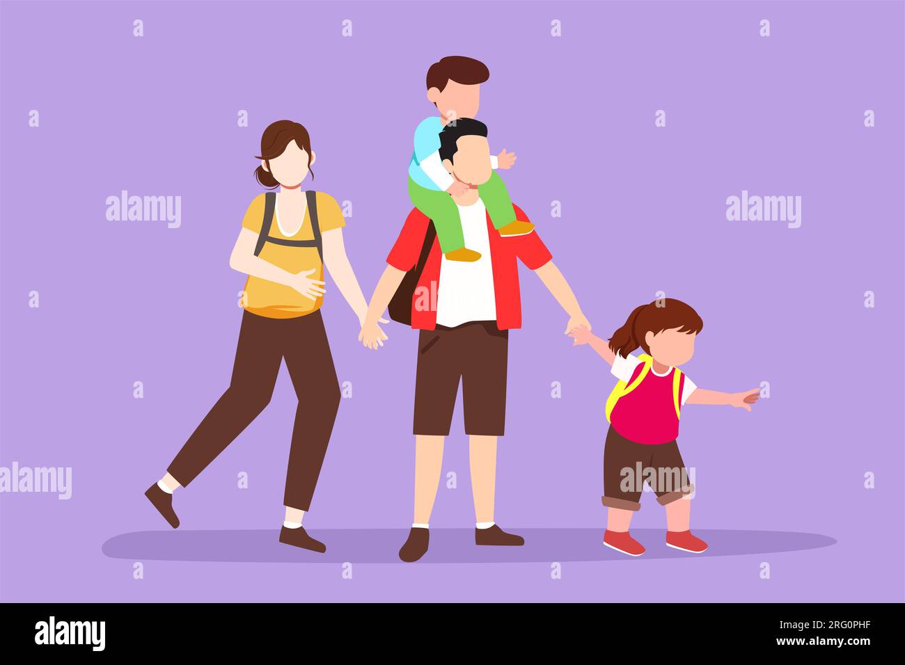 Cartoon flat style drawing happy family is hiking, traveling, trekking ...