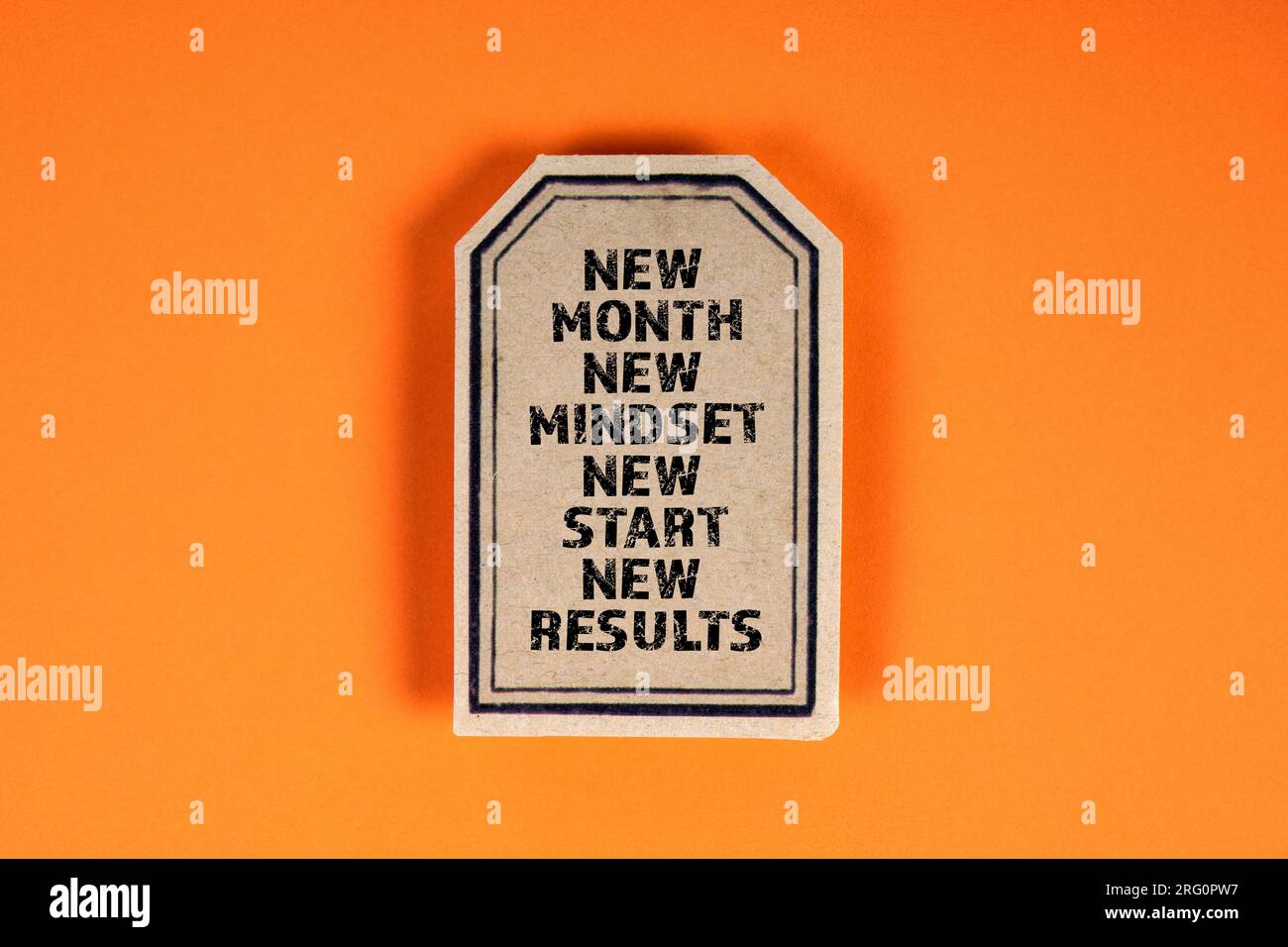 NEW MONTH MINDSET START RESULTS concept. Cardboard sticker with text on ...