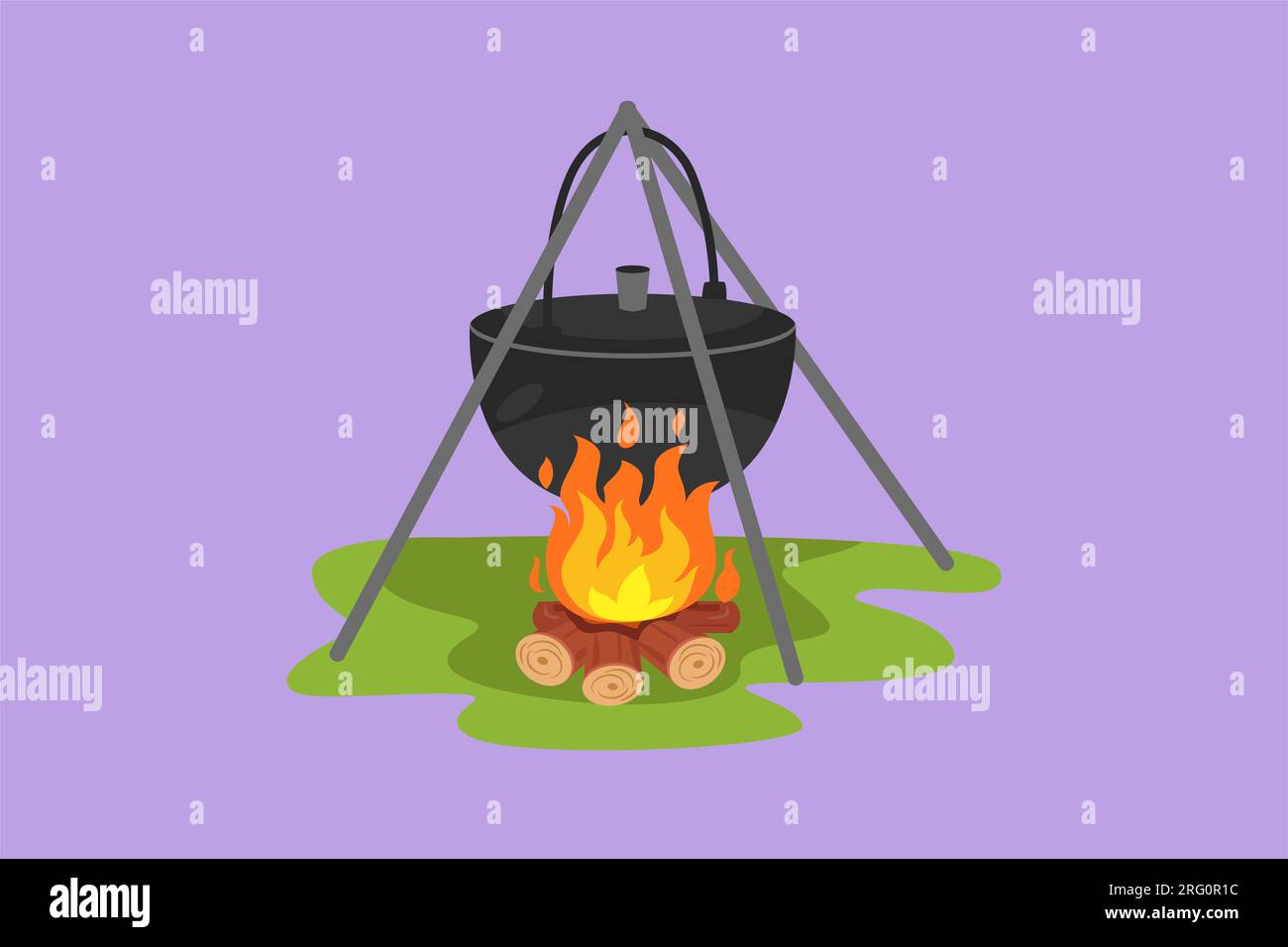 Graphic flat design drawing black camping pot over a bonfire. Hot food ...