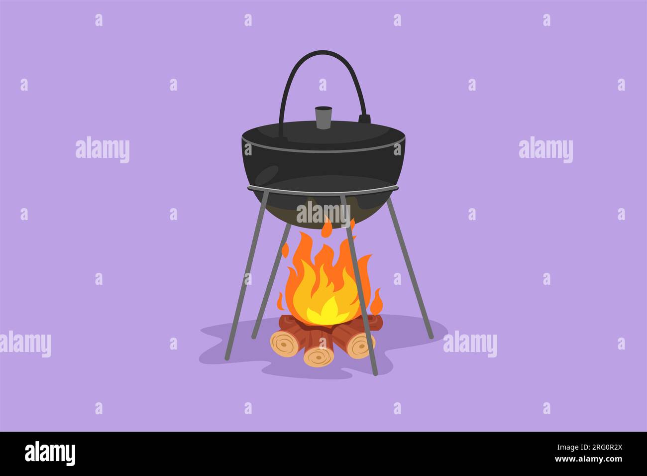 Character flat drawing of cooking dinner in camping pot over bonfire ...