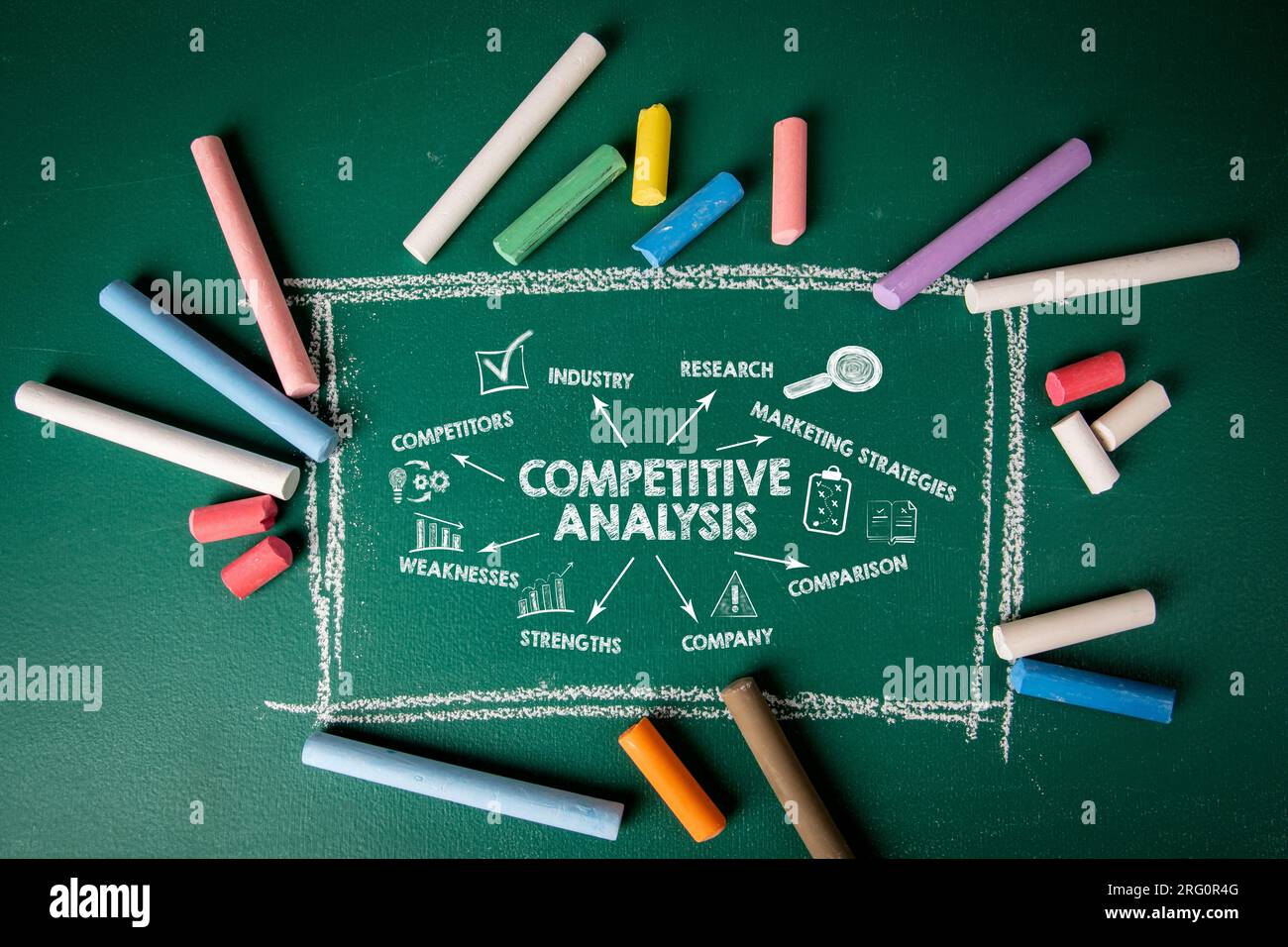 COMPETITIVE ANALYSIS Concept. Illustrated chart with icons, arrows and ...