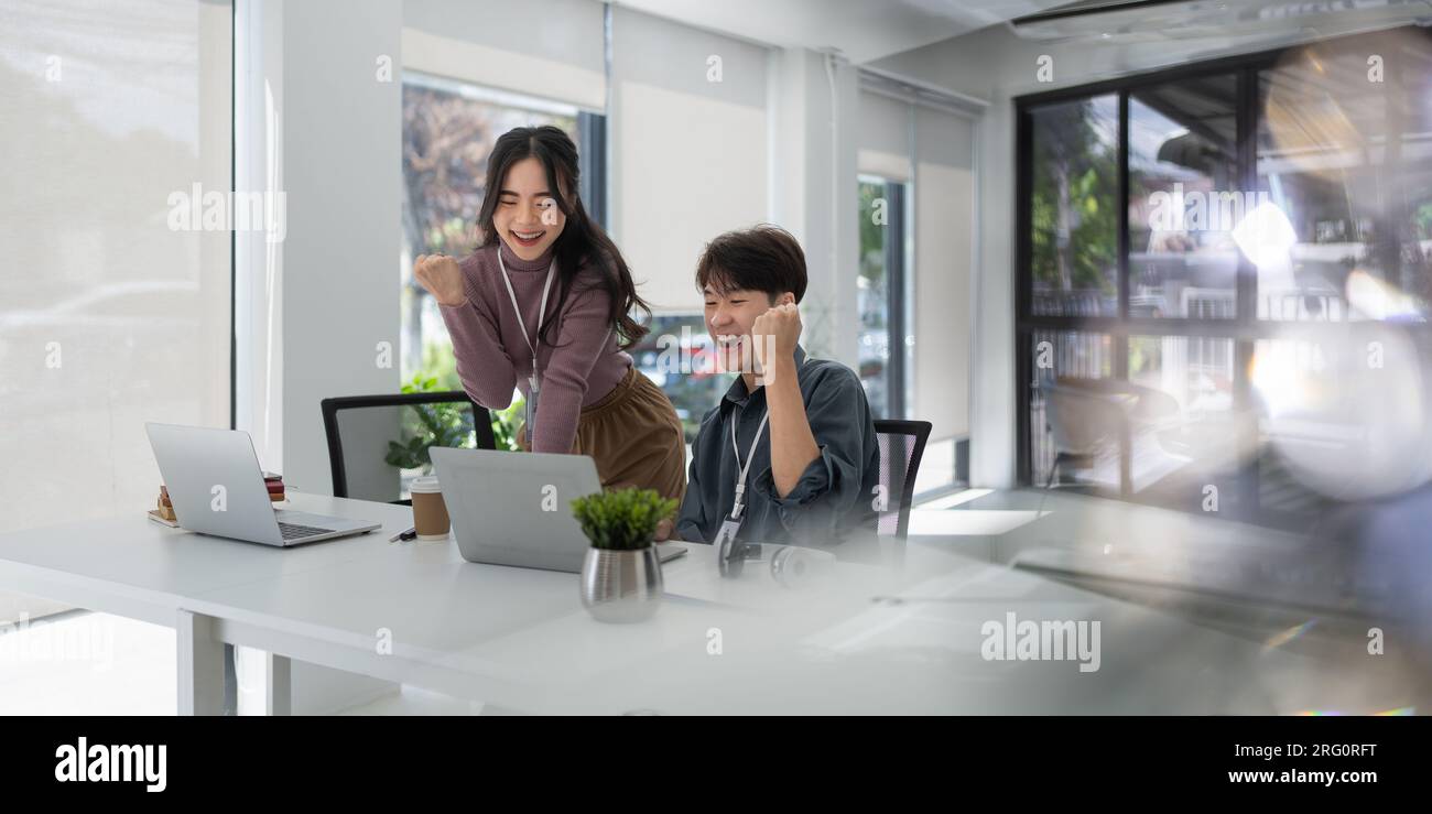 Happy smiling businessman feel happy work complete Teamwork success at ...