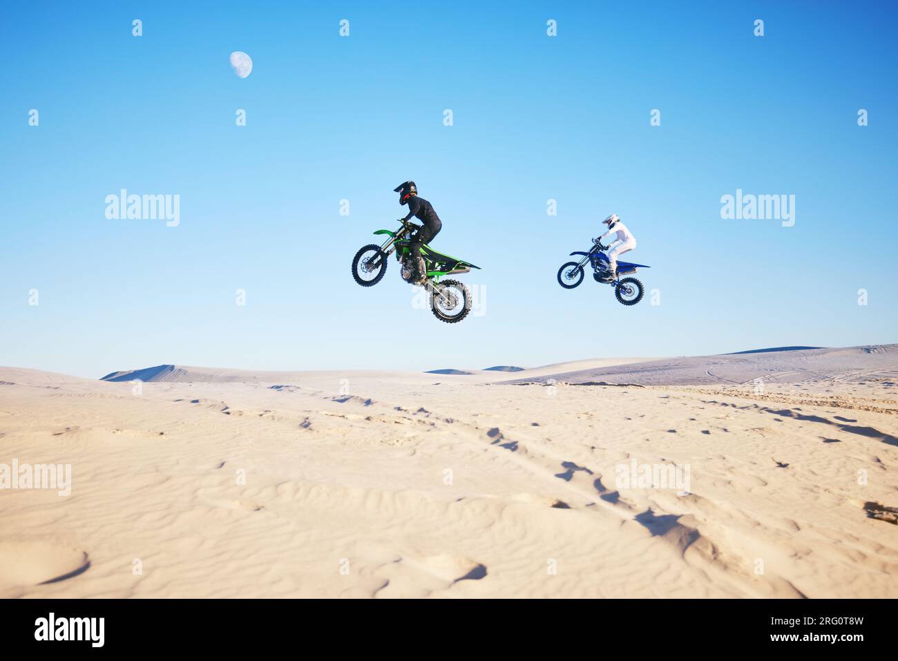 Motorbike, desert race and jump in air for competition, stunt and ...