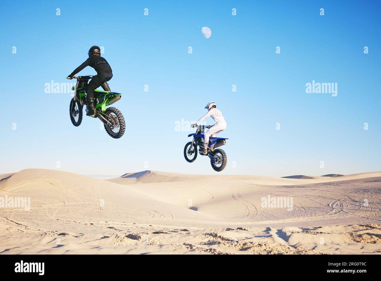 Motorcycle, desert and jump in sky, speed and competition at outdoor ...