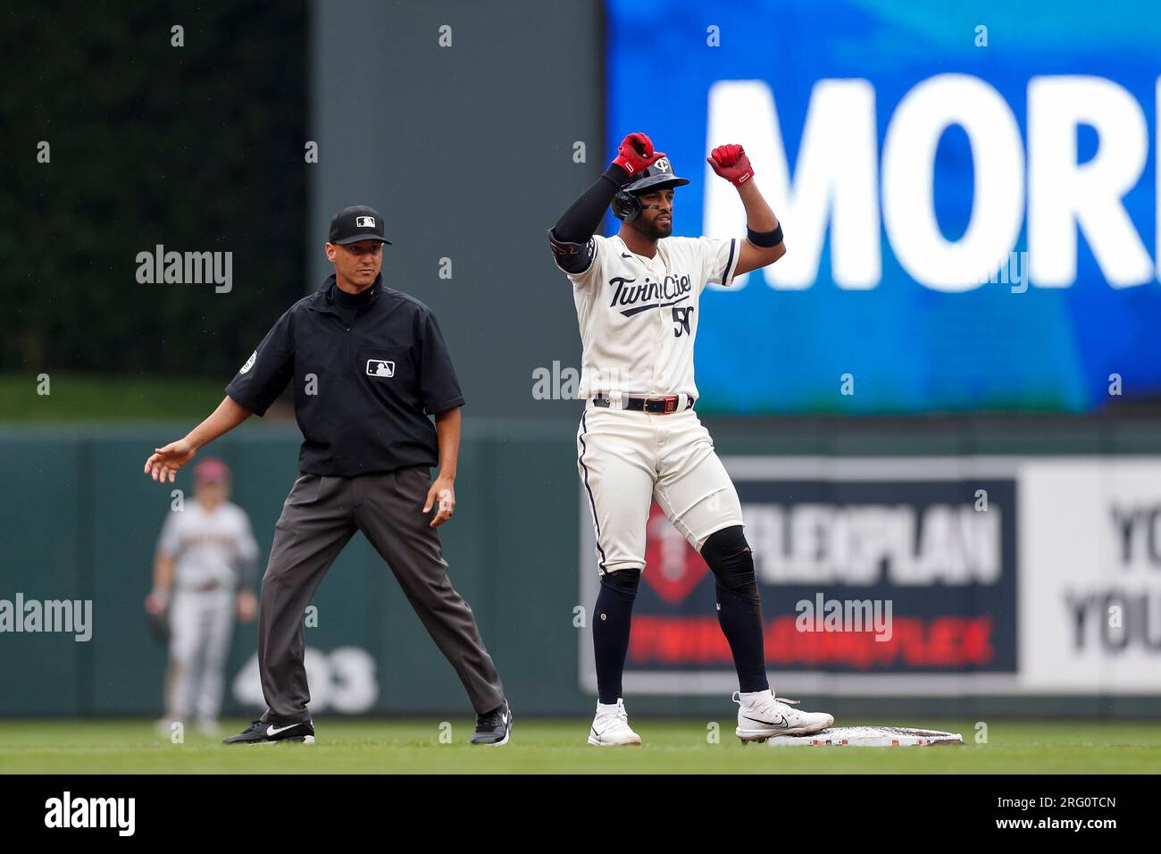 Minnesota Twins third basemen Willi Castro (50) celebrates a double in ...