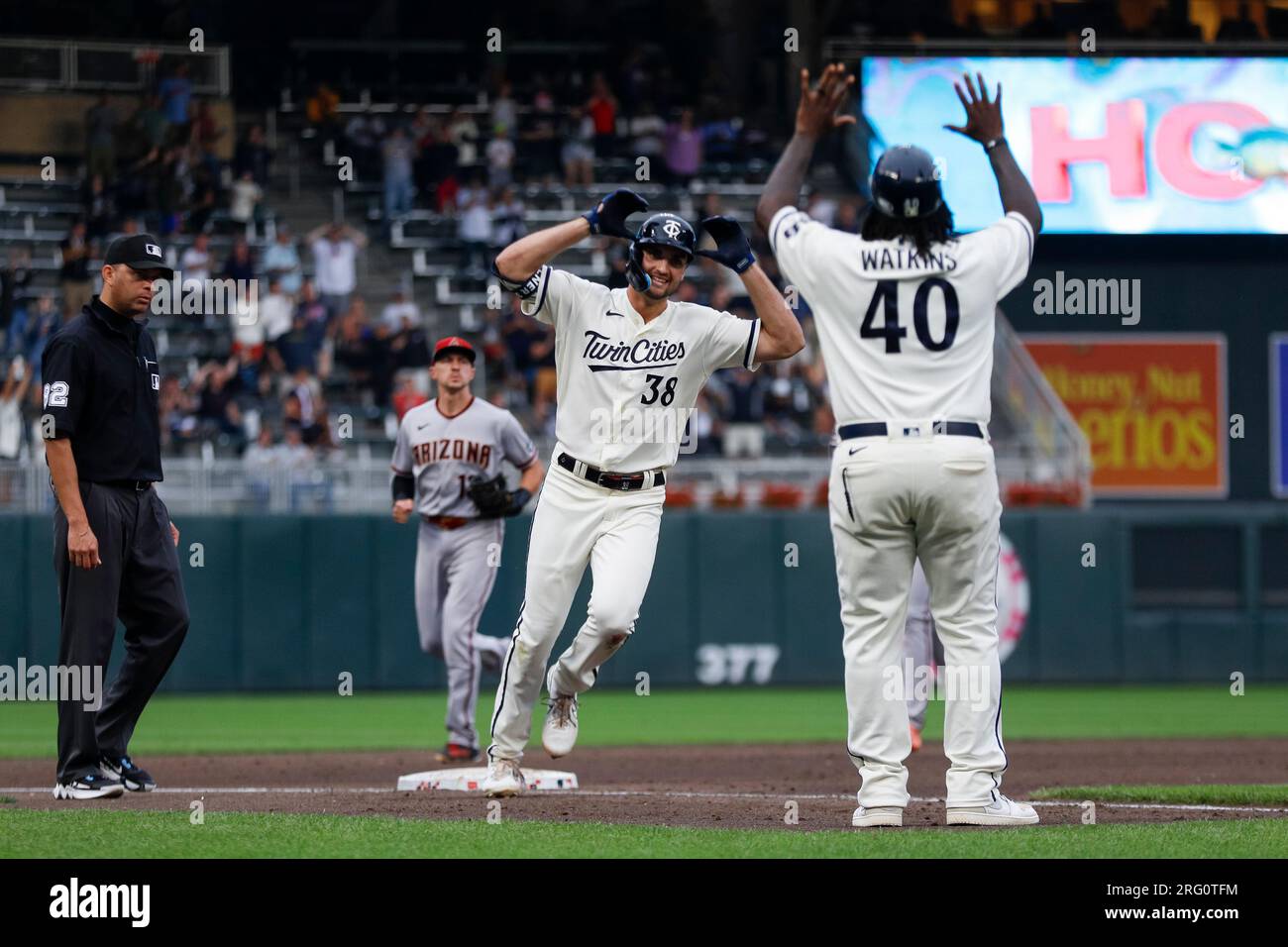 Minnesota Twins left fielder Matt Wallner (38) celebrates a walk off ...
