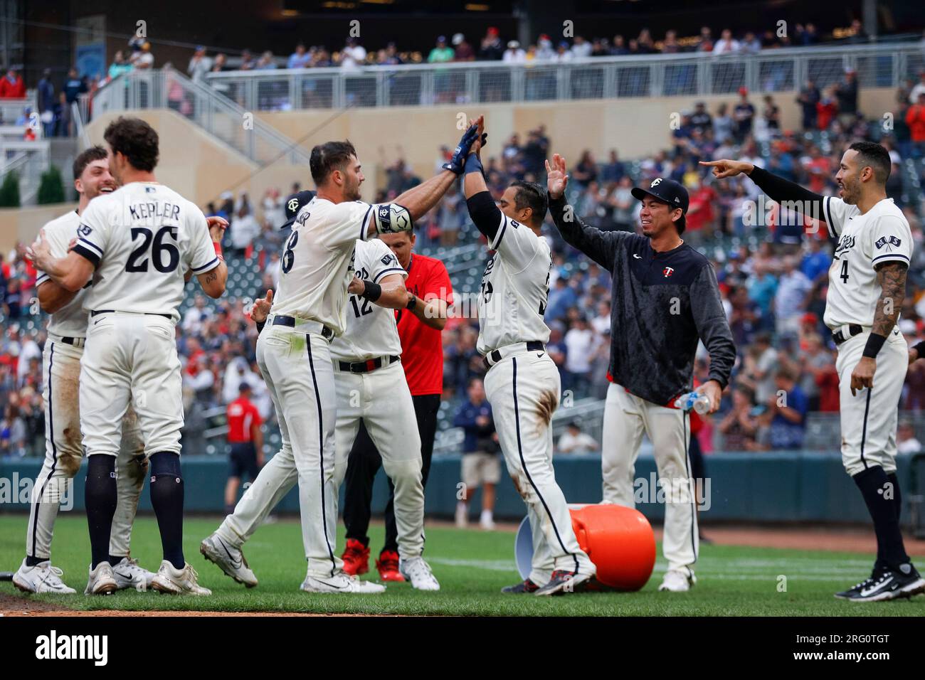 Minnesota Twins left fielder Matt Wallner (38) celebrates a walk off ...