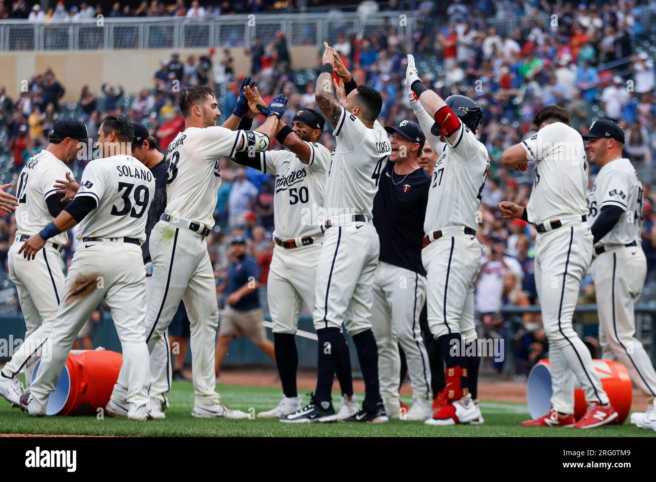 Minnesota Twins left fielder Matt Wallner (38) celebrates a walk off ...