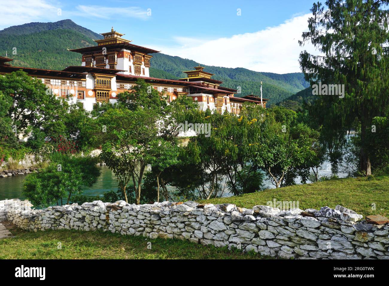 View of Punakha Dzong from across the Mo Chhu River. The second oldest ...