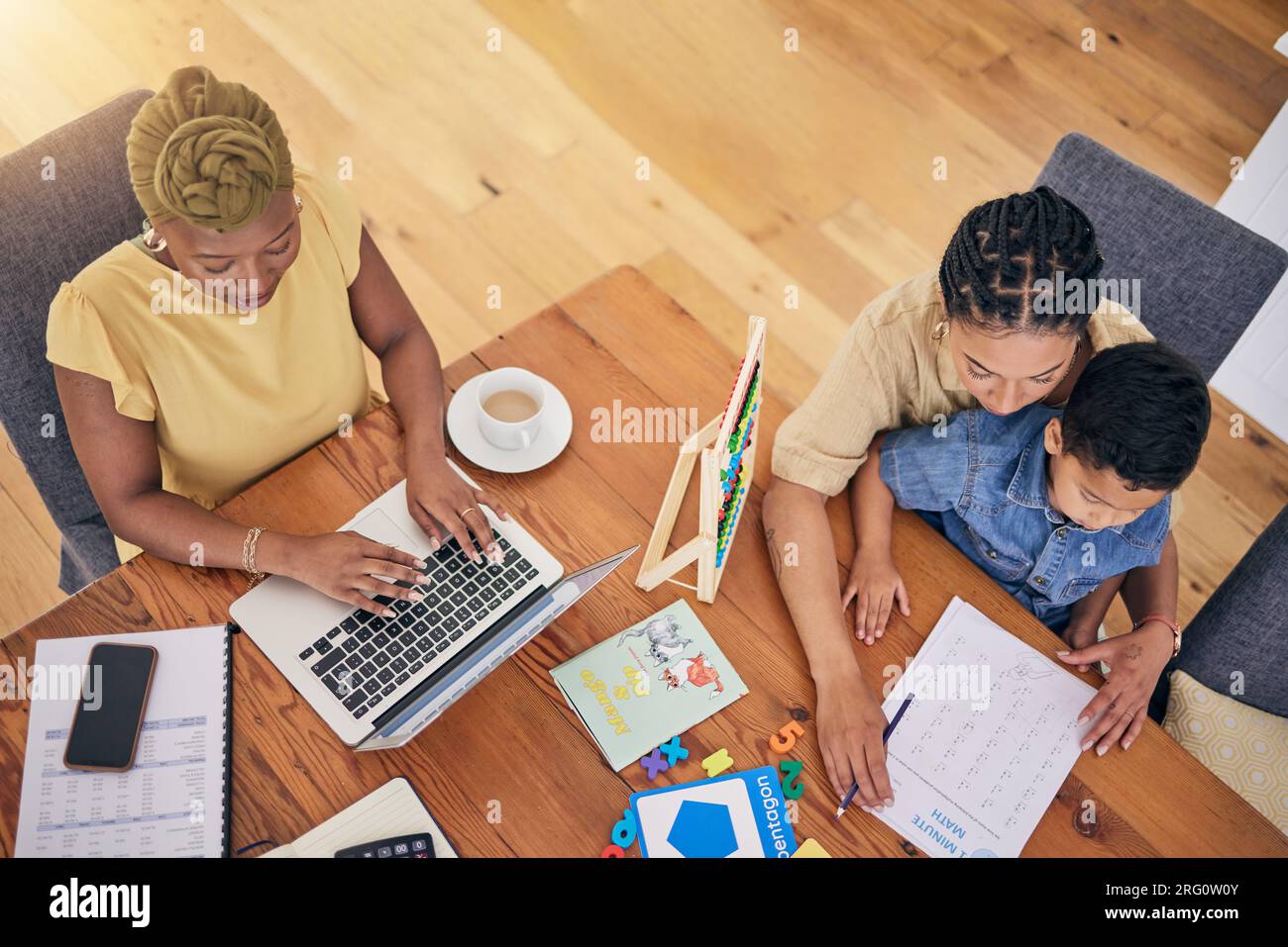 Child, homework and math with mom help in home with counting and ...