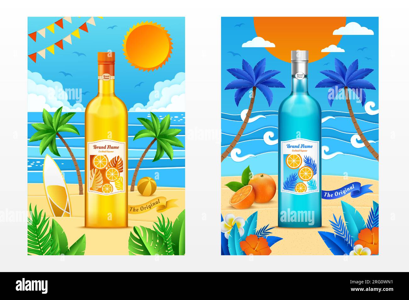 Summer cocktail ad. Beach waves, fruit drink party, yellow brand ...