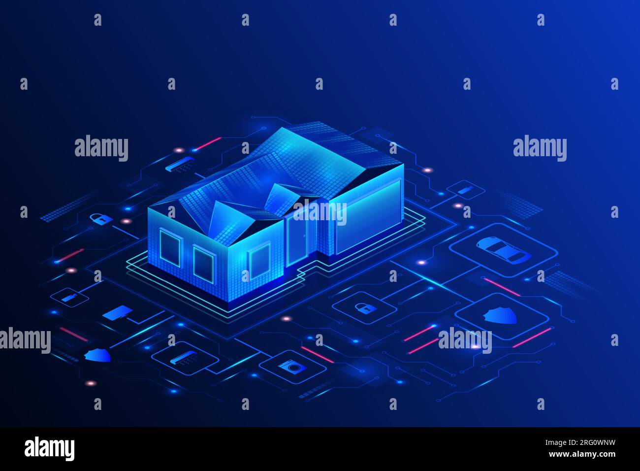 Smart home technology. Building IOT banner. Automated house by internet network. Security and ...