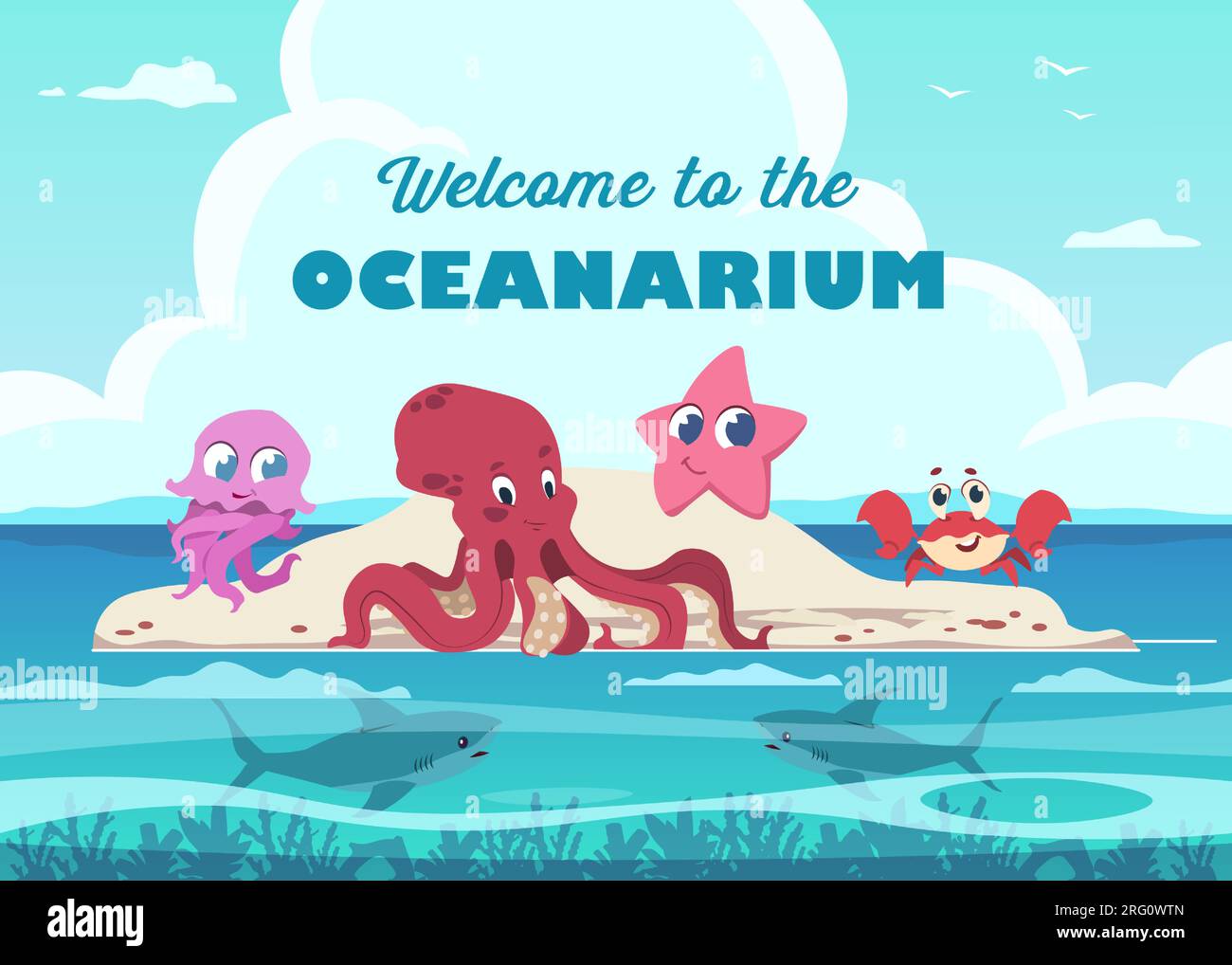 Oceanarium banner. Cute animals, octopus, starfish and crab. Funny wild ...