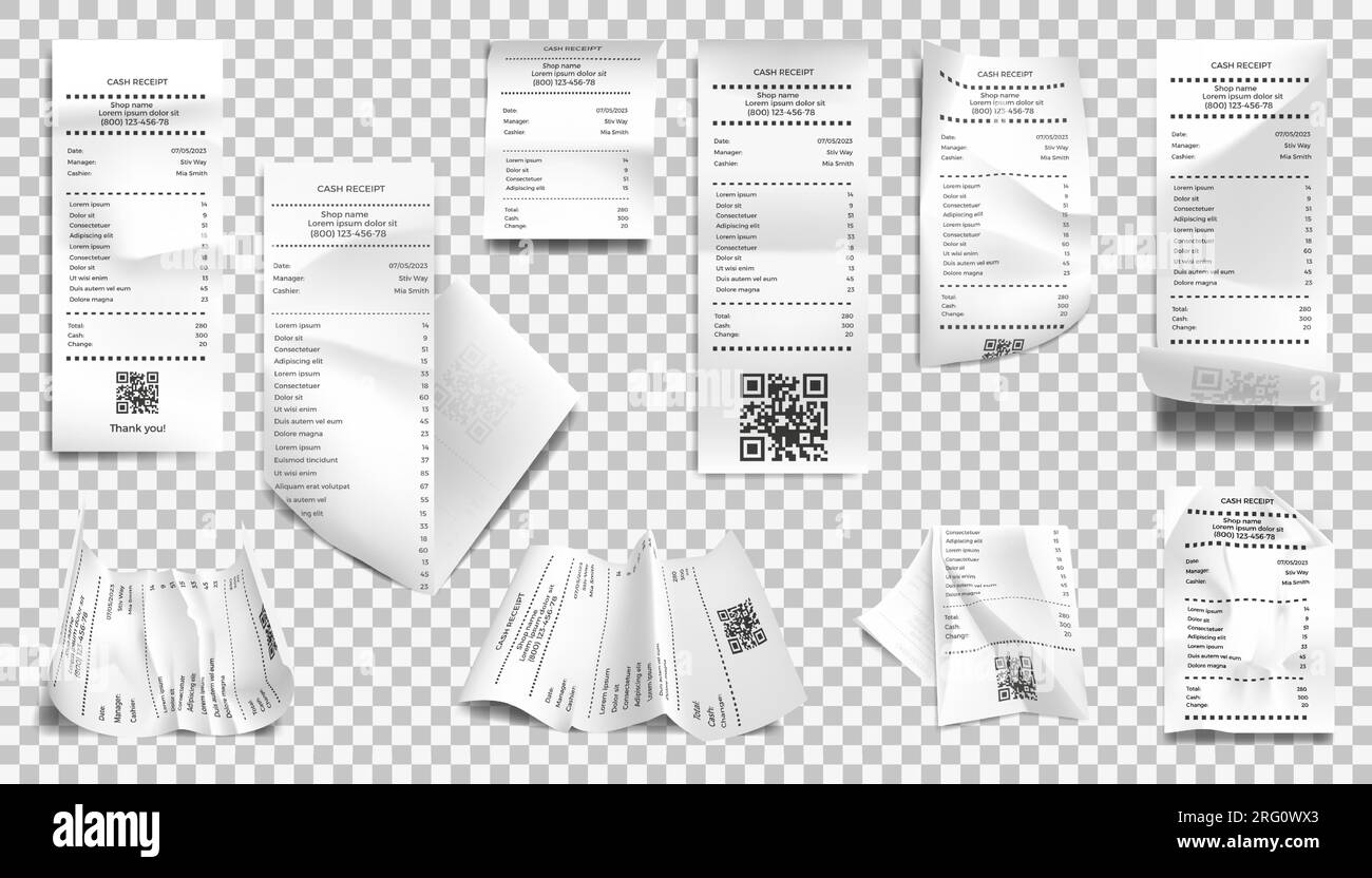Realistic bill page. Paper receipt. Supermarket purchase invoice. Shop ...