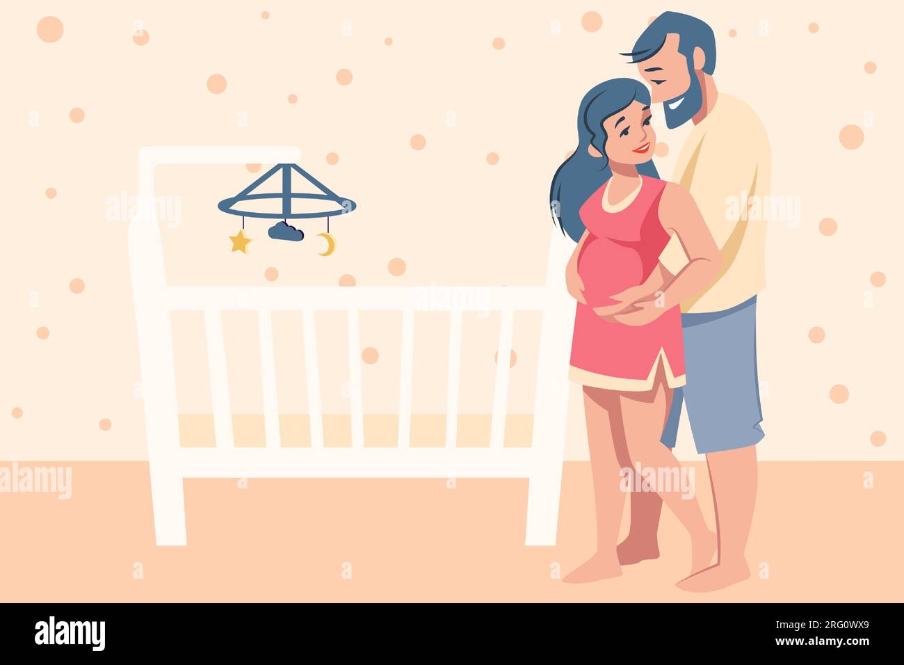 Family expecting baby birth. Happy couple hugging in kids bedroom with ...