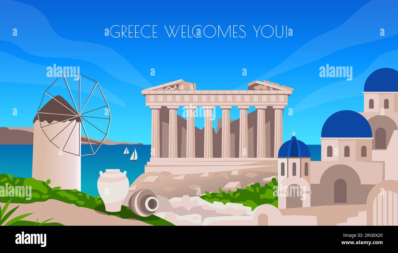 Greek tourism. Greece welcome poster. Ancient temple. City landmark ...
