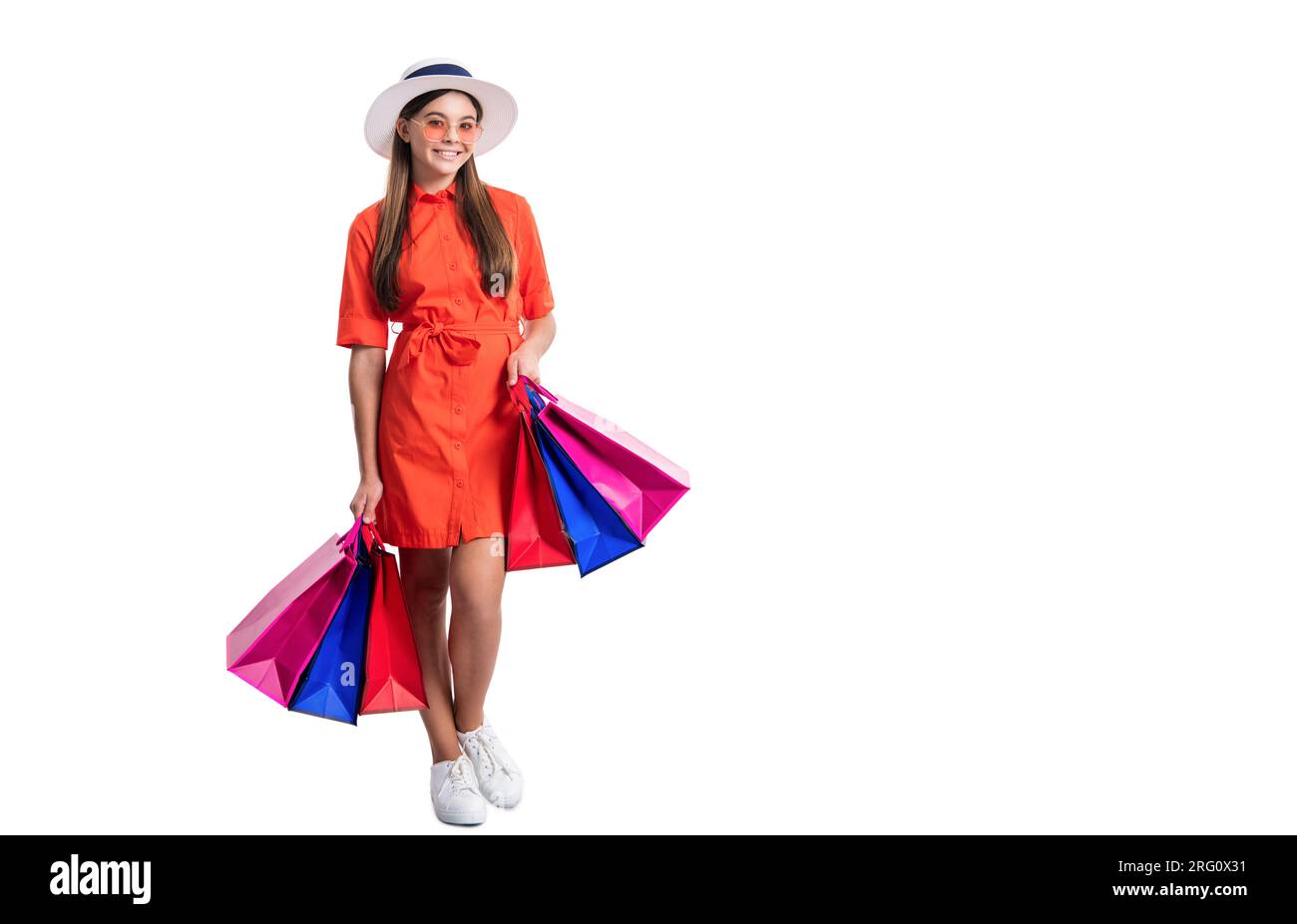 teen girl shopaholic isolated on white background with copy space. teen ...