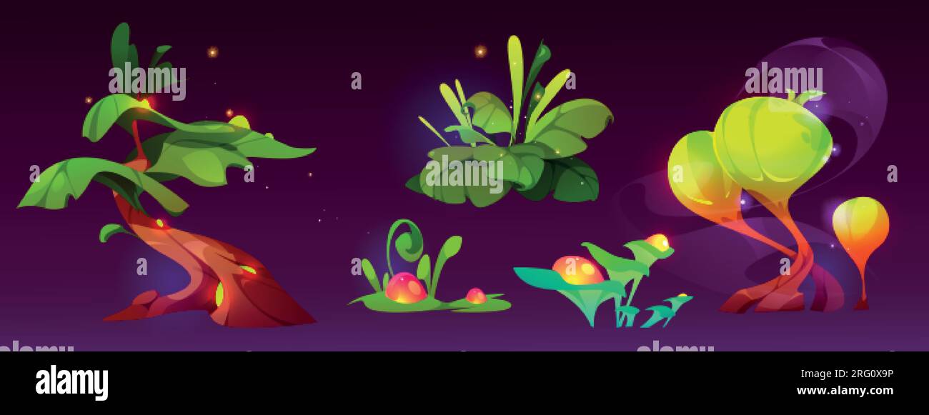 Magic forest plants in cartoon vector illustration. Fantasy fairy tree ...