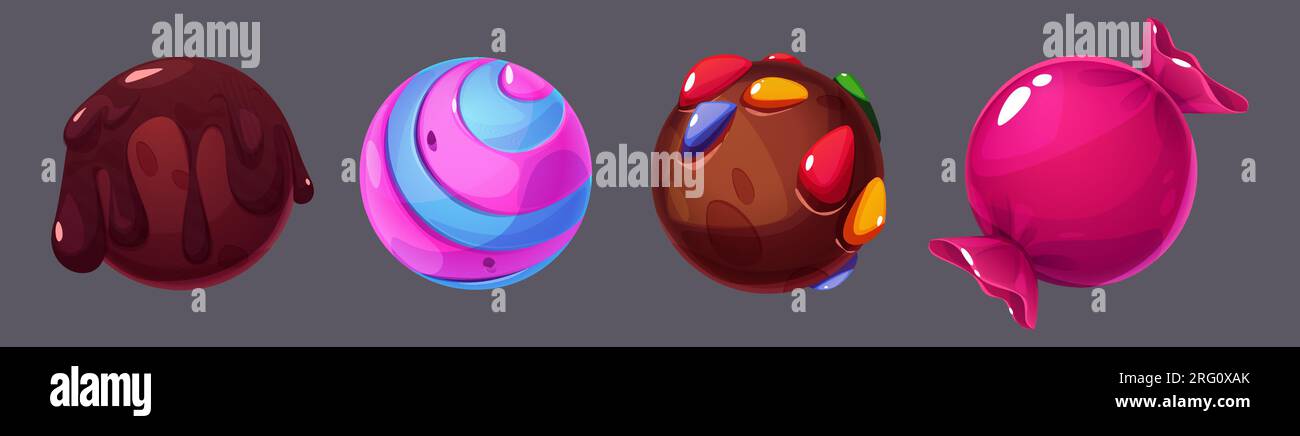 Chocolate sweet candy space planet cartoon set. Food galaxy world ...