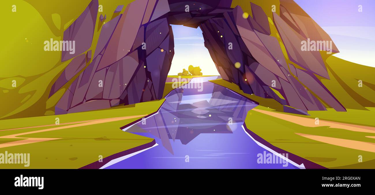 River through cave entrance vector background. Arch inside rock ...