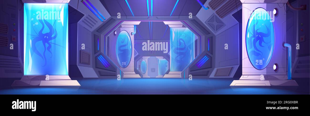 Futuristic spaceship interior corridor and capsule inside. Space ship ...