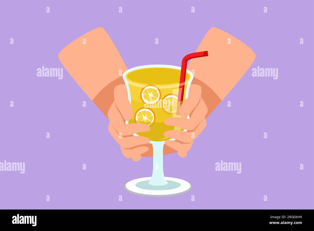 Cartoon flat style drawing cold lemonade with ice in male hand against ...