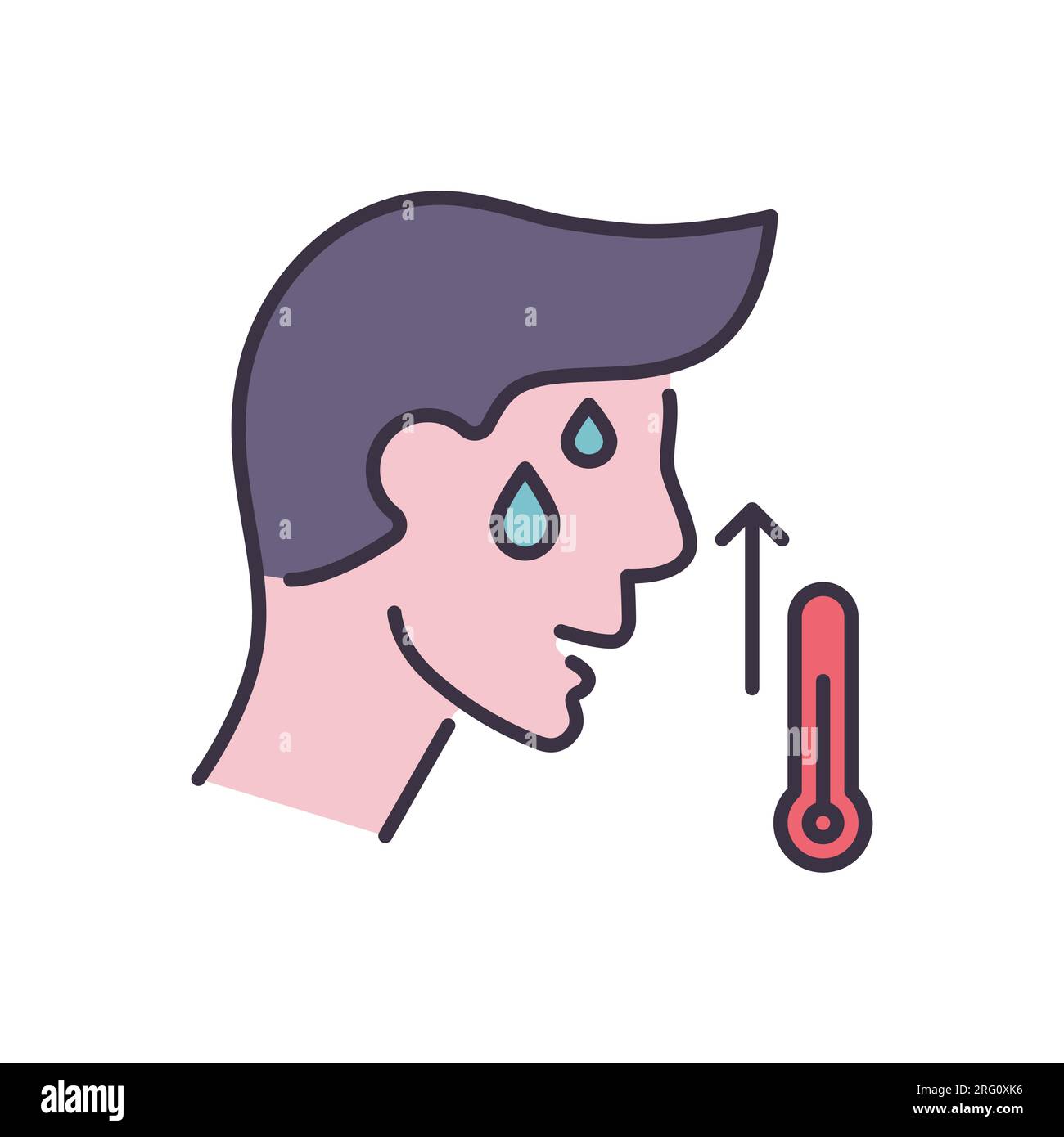 High body temperature related vector icon. Man head and high temperature thermometer. High ...