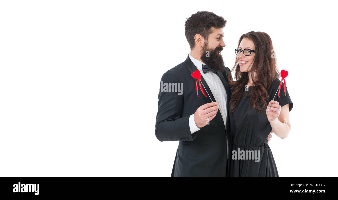 True feelings. Celebrate anniversary. Married couple hold red hearts ...