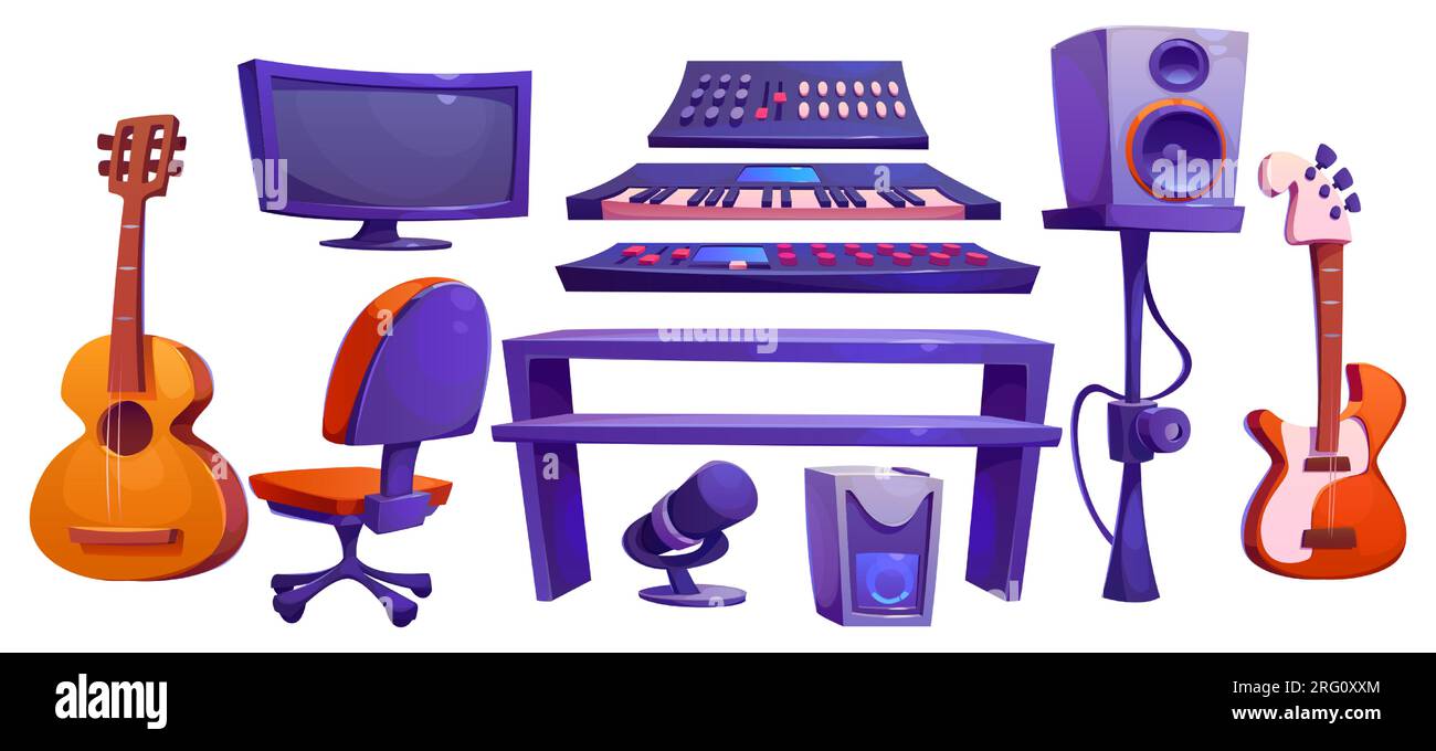 Set of sound recording studio equipment isolated on white background ...