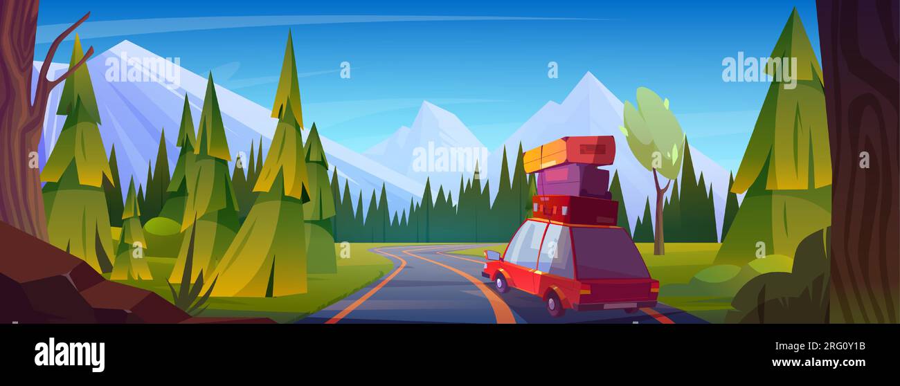 Car with luggage on top driving forest highway toward mountains. Vector ...