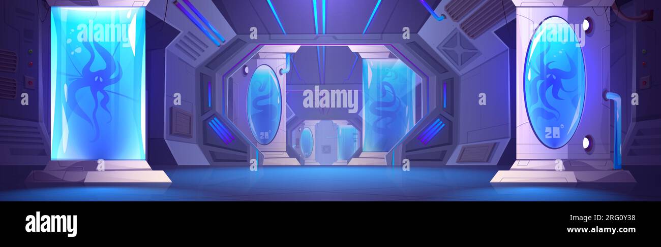 Futuristic spaceship interior corridor and capsule inside. Space ship ...