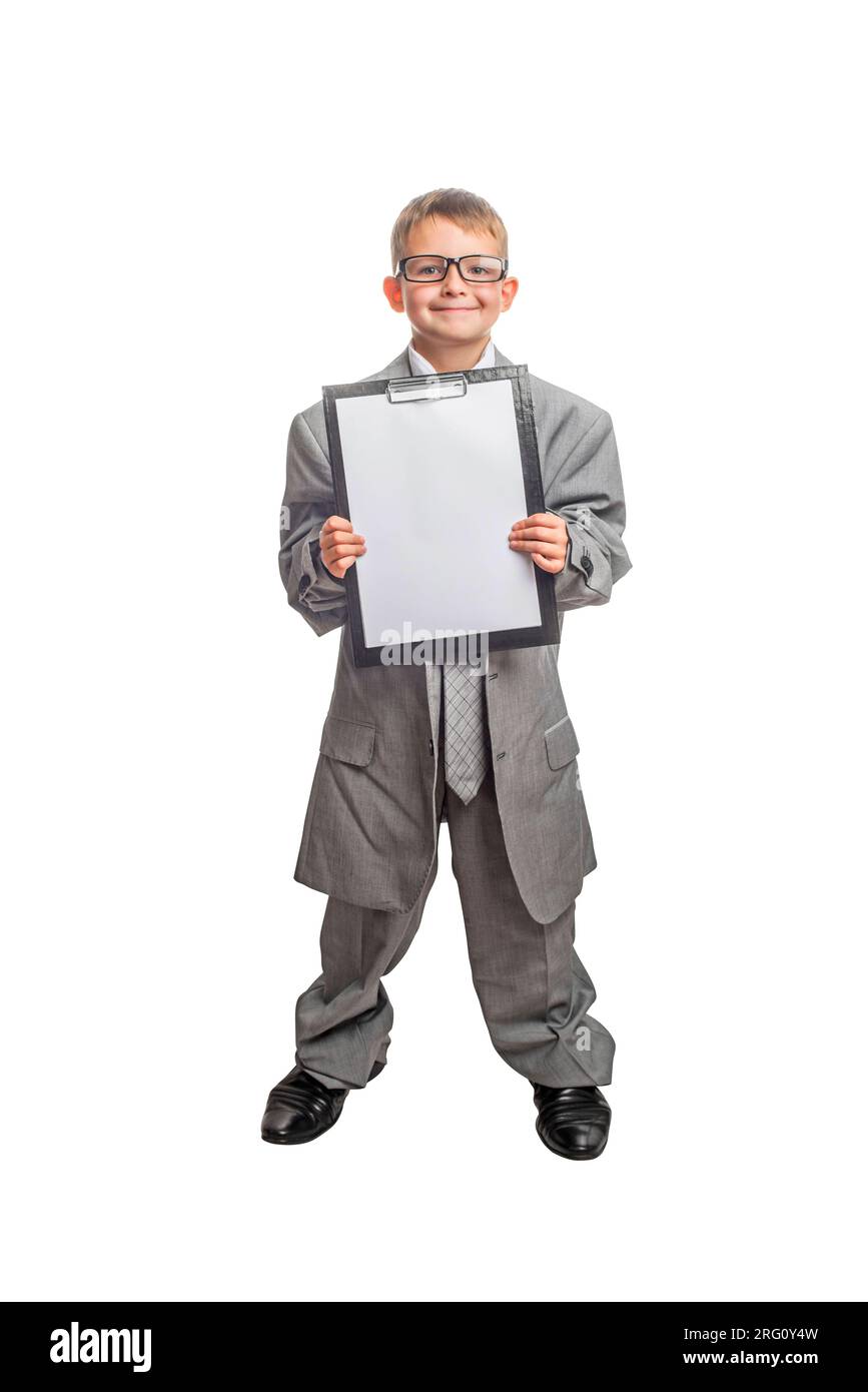 Small child dressed in a business suit and glasses as businessman with ...