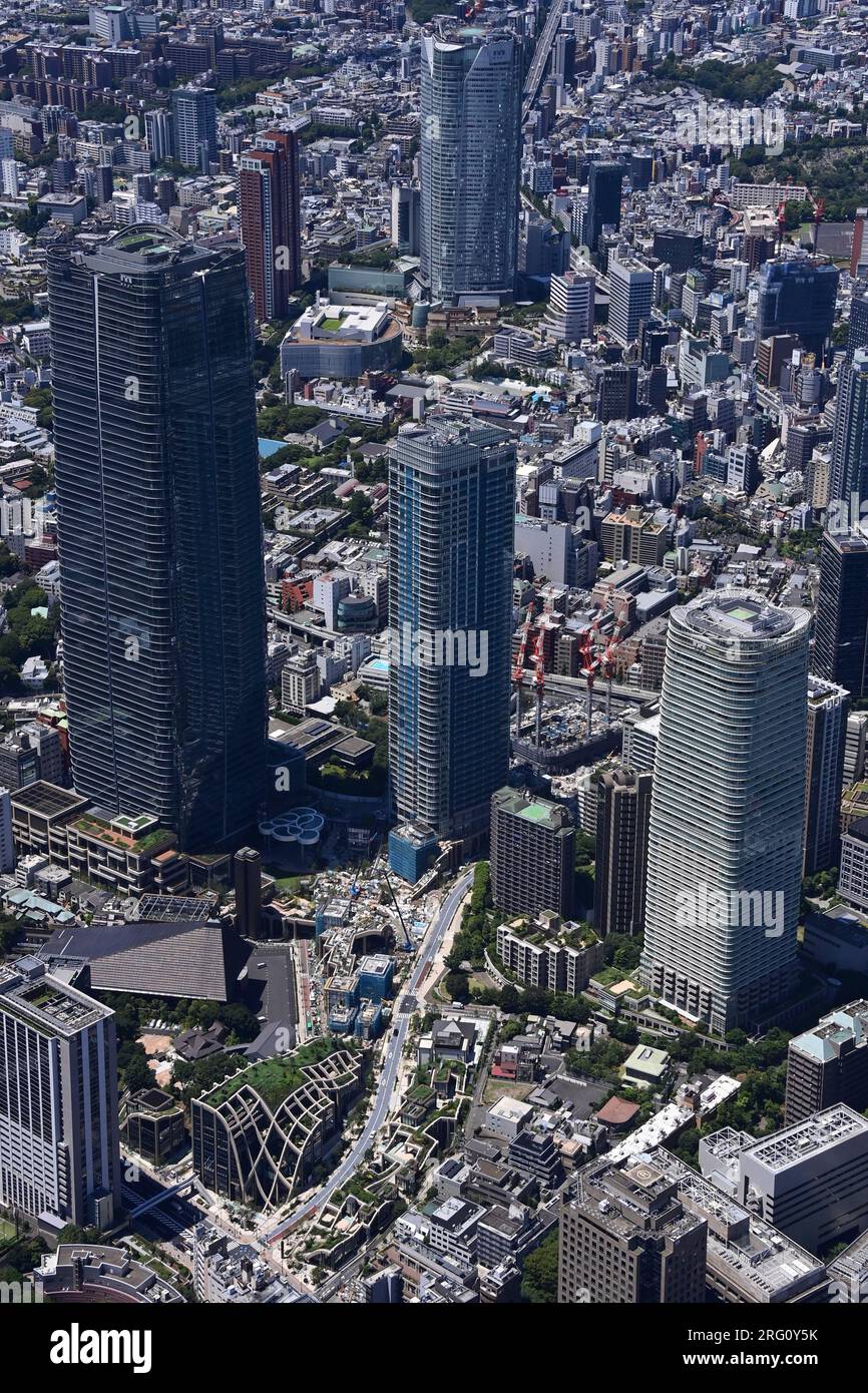 An aerial photo shows skyscrapers around Azabudai Hills in Tokyo on Aug ...