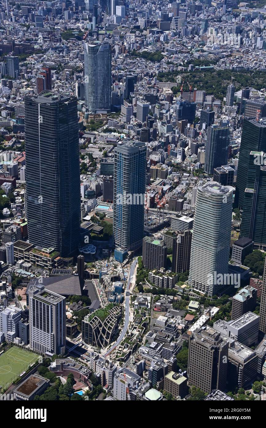An aerial photo shows skyscrapers around Azabudai Hills in Tokyo on Aug ...