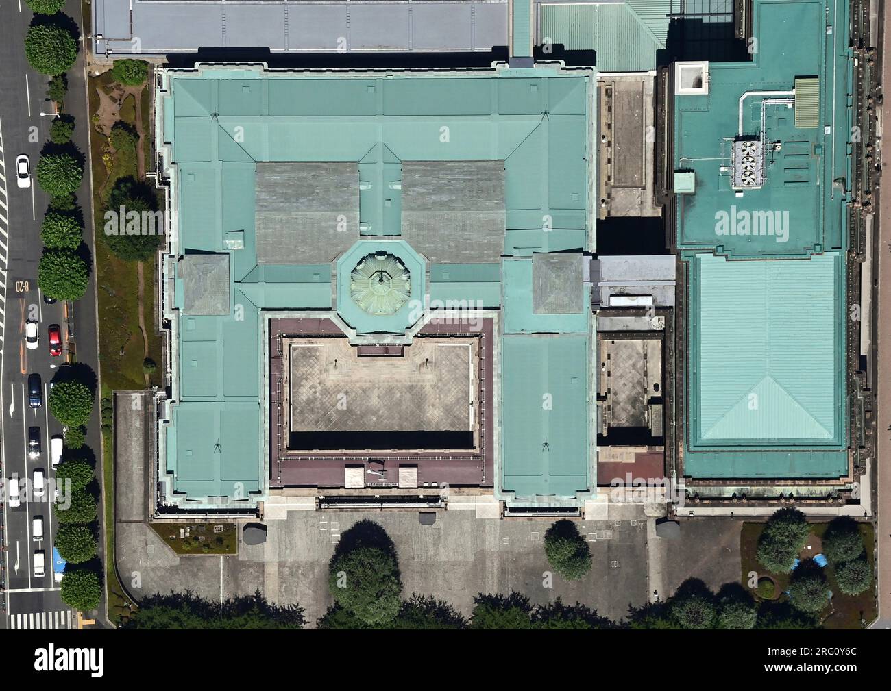 An aerial photo shows Bank of Japan head office building in Tokyo on ...