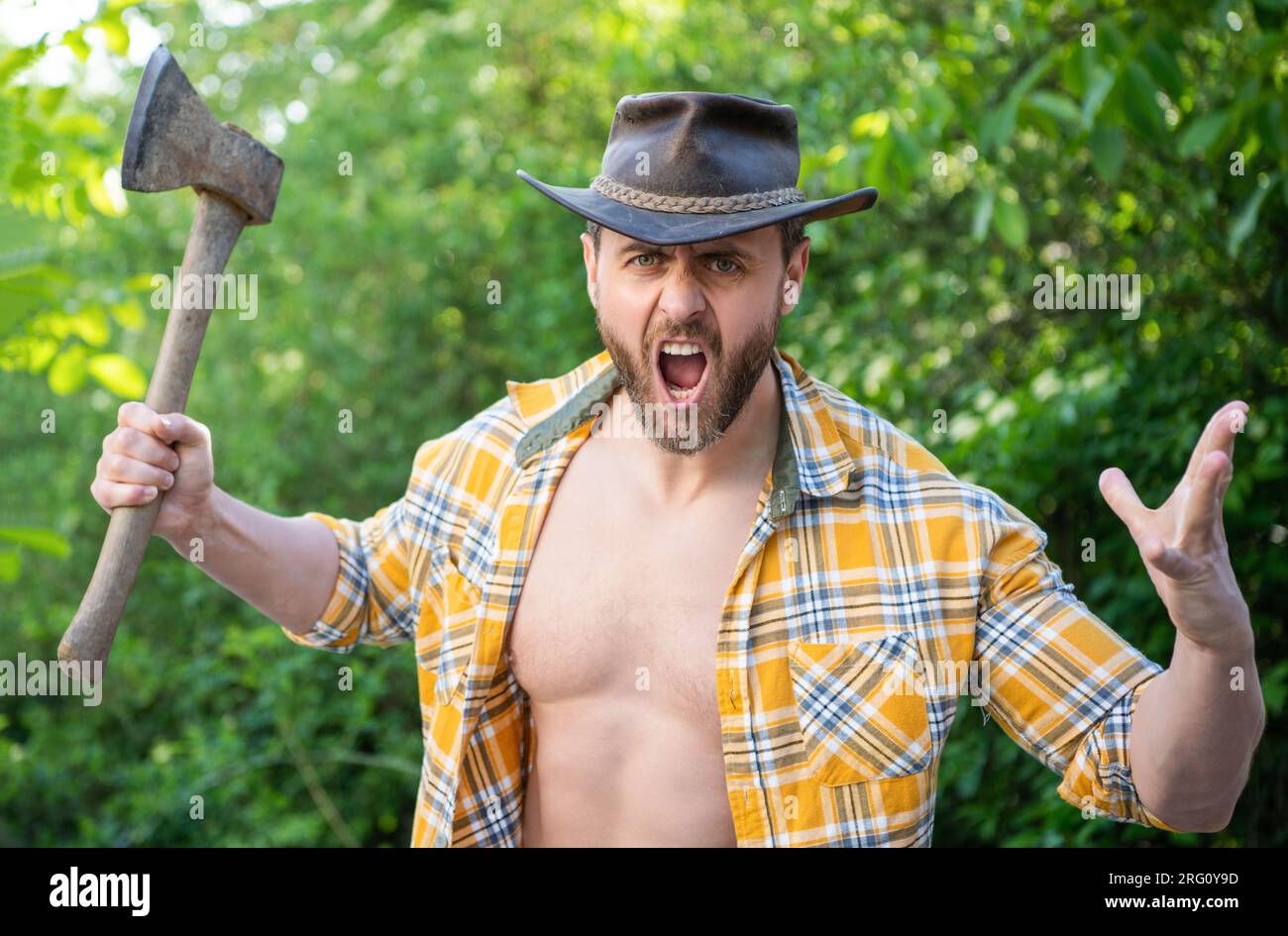 shouting angry lumberjack with axe wearing checkered shirt. angry ...