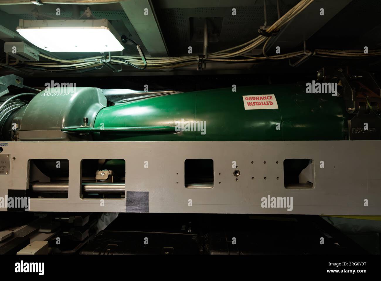 An Advanced Capability (ADCAP) submarine-launched torpedo is seen onboard the USS North Carolina ...