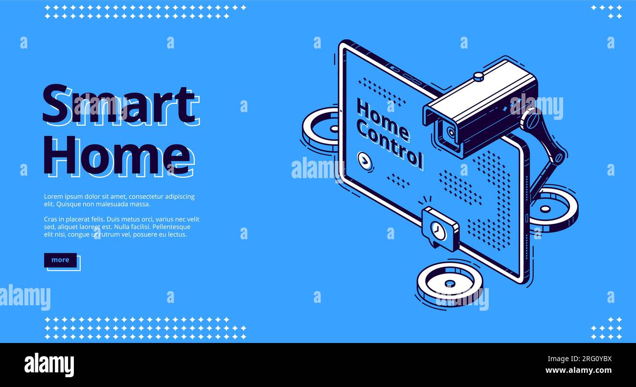 Smart home, internet of things isometric web banner. Computer display with interface and camera ...