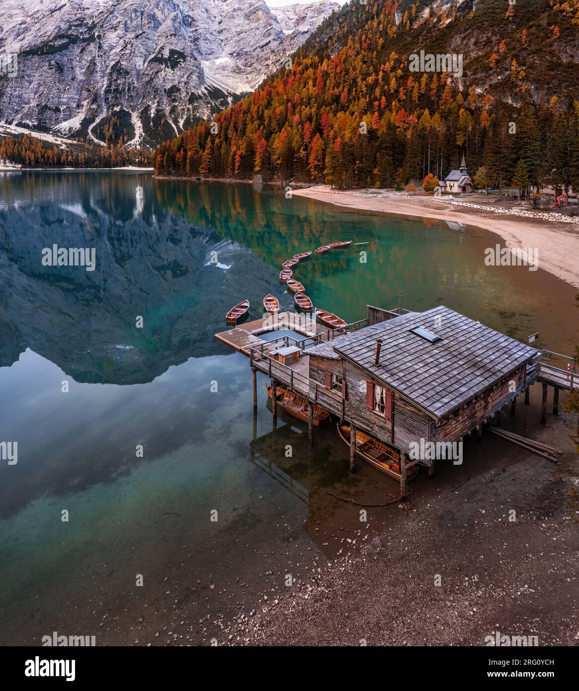 Lake Braies, Italy - Aerial view of Lake Braies (Lago di Braies) in the ...