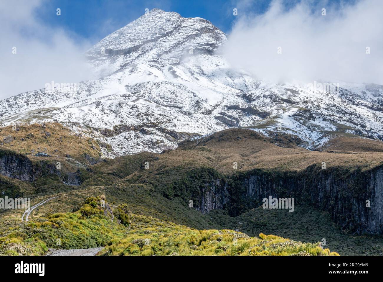Winter view of Mt Taranaki in Egmont National Park, New Zealand, viewed ...